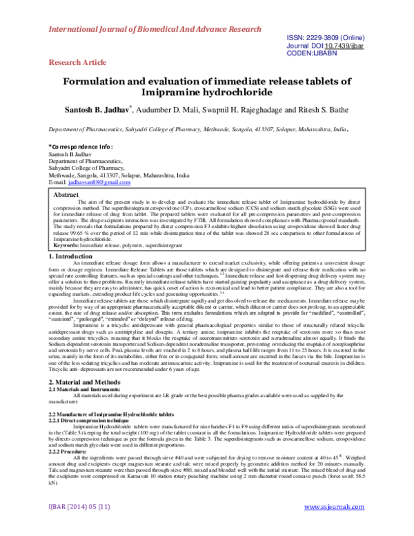 Pdf Formulation And Evaluation Of Immediate Release Tablets Of Imipramine Hydrochloride