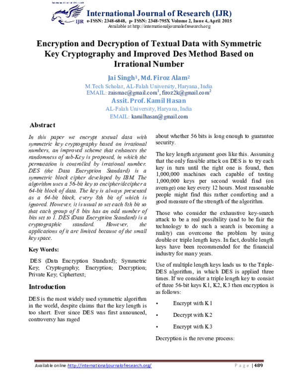 (PDF) Encryption and Decryption of Textual Data with Symmetric Key Cryptography and Improved Des ...