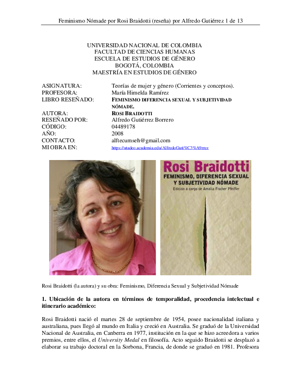 (PDF) Reseña FEMINISMO DIFERENCIA SEXUAL Y SUBJETIVIDAD NÓMADE de Rosi ...