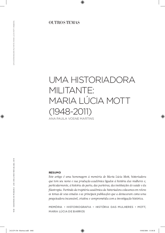 (PDF) Uma historiadora militante: Maria Lúcia Mott (1948-2011)