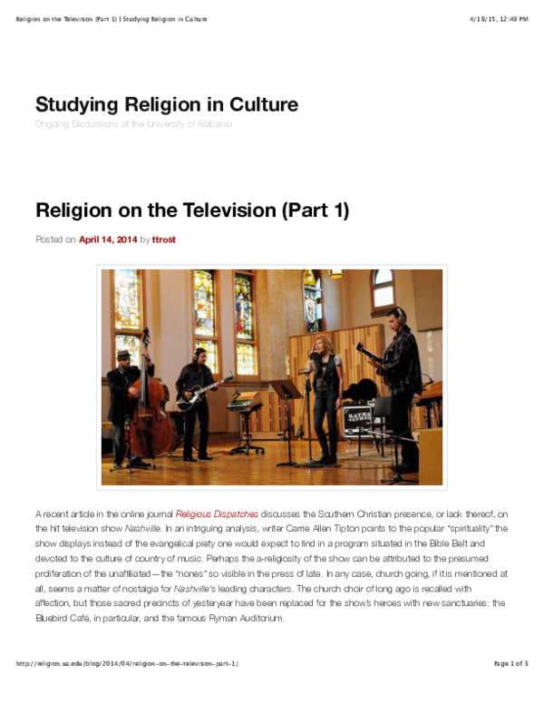 (PDF) Religion on the Television (Part 1): "Nashville"