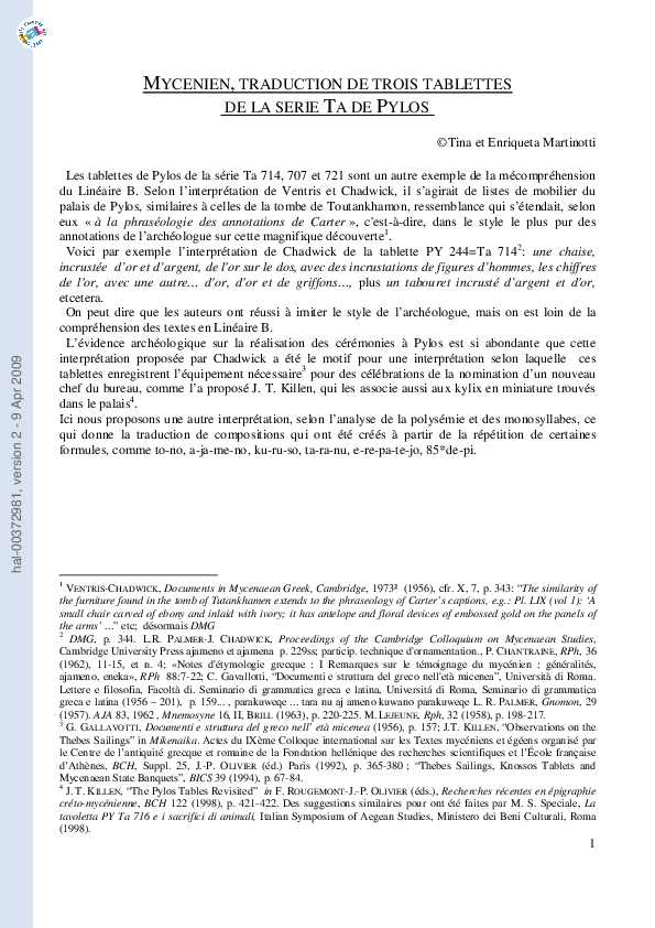 (PDF) Mycénien: Traduction de trois tablettes de la série Ta de Pylos