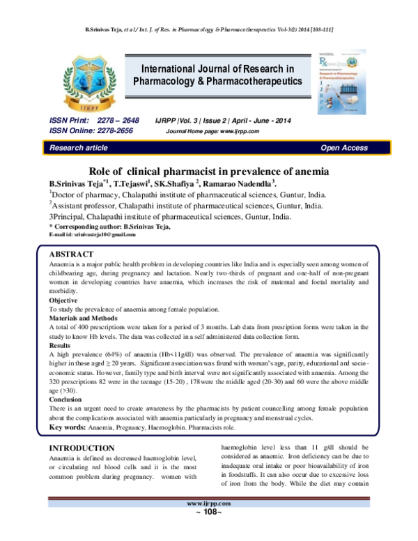 (PDF) Open Access Role of clinical pharmacist in prevalence of anemia