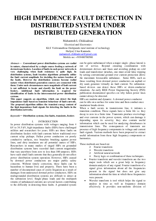 Pdf High Impedence Fault Detection In Distributed System Under Distributed Generation