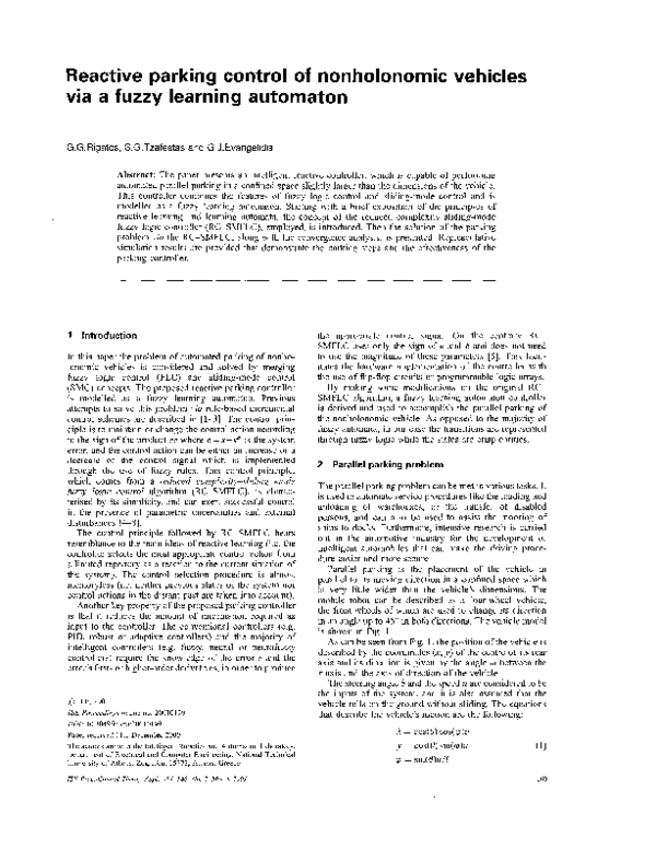 (PDF) Reactive parking control of nonholonomic vehicles via a fuzzy learning automaton