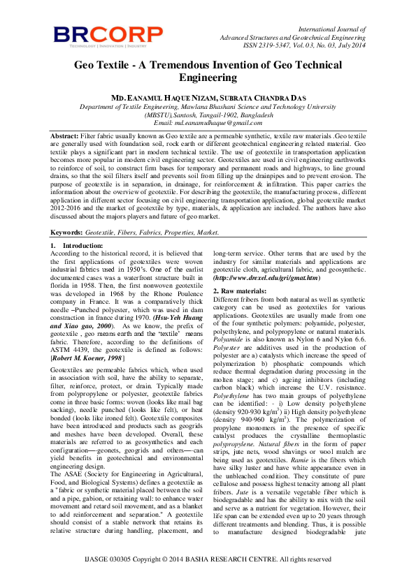 (PDF) Geo Textile - A Tremendous Invention of Geo Technical Engineering