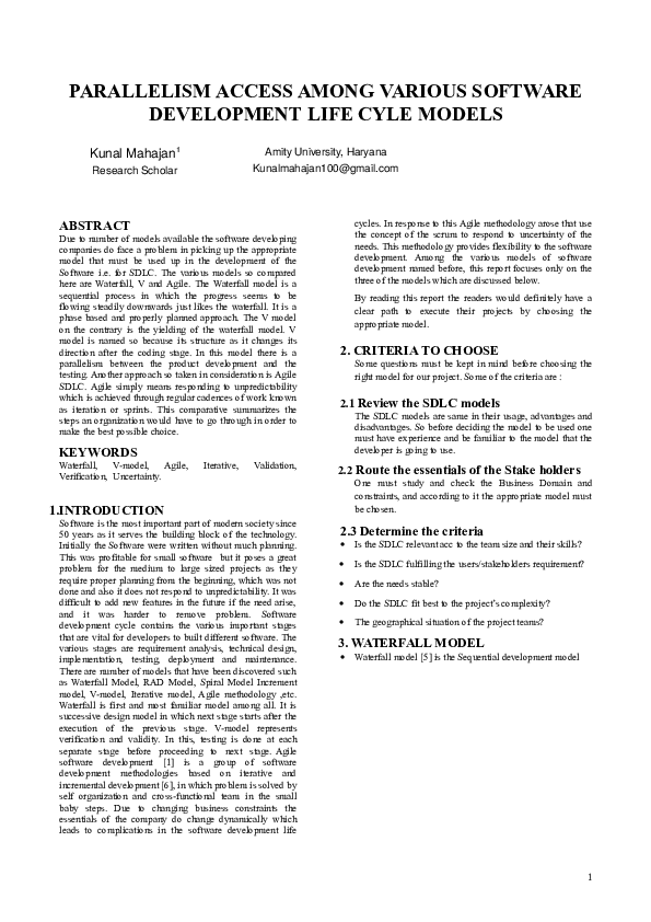 (DOC) PARALLELISM ACCESS AMONG VARIOUS SOFTWARE DEVELOPMENT LIFE CYLE MODELS