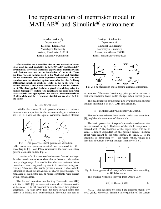 (PDF) The representation of memristor model in MATLAB and Simulink environment. Short paper.