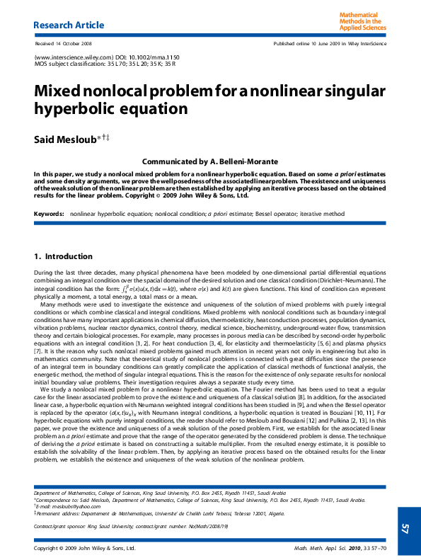 (PDF) Mixed nonlocal problem for a nonlinear singular hyperbolic equation