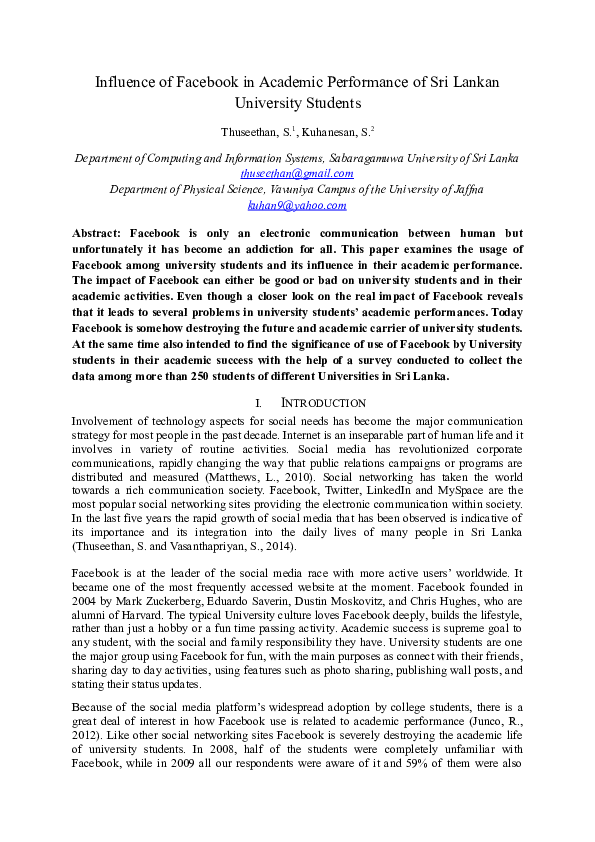 (DOC) Influence of Facebook in Academic Performance of Sri Lankan ...
