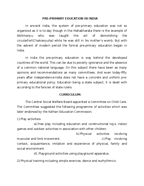 (DOC) Pre primary and primary Education in India