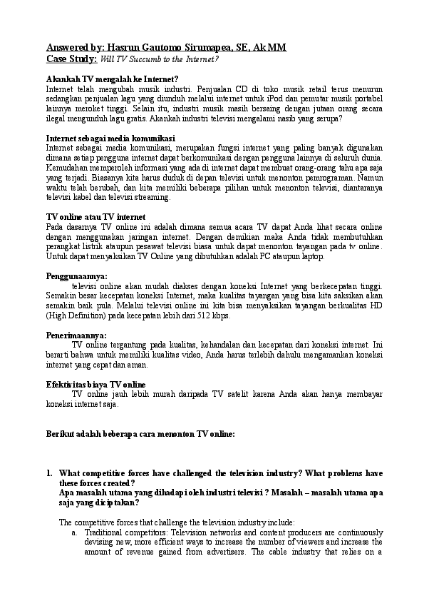 (DOC) Jawaban Case Study: Will TV Succumb to the Internet?