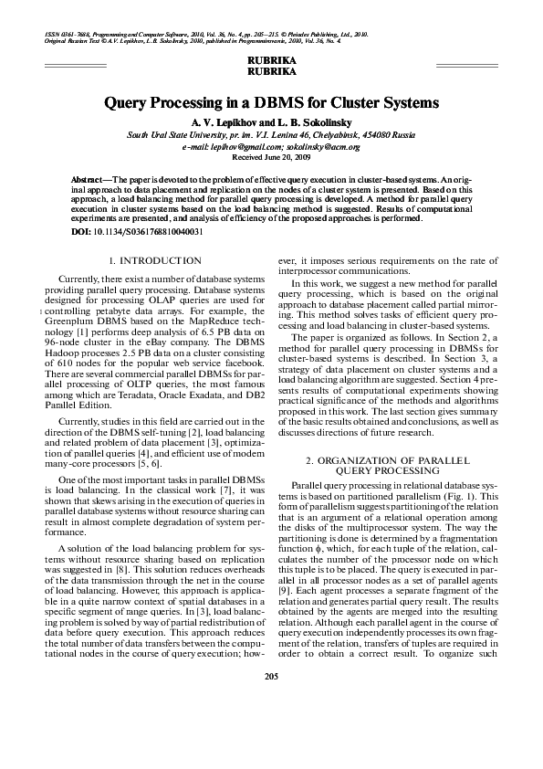 Pdf Query Processing In A Dbms For Cluster Systems