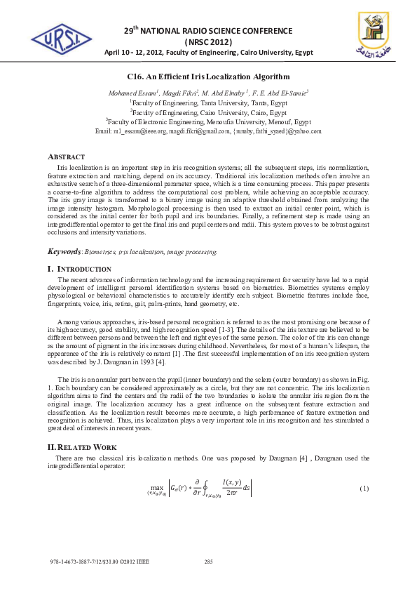Pdf An Efficient Iris Localization Algorithm
