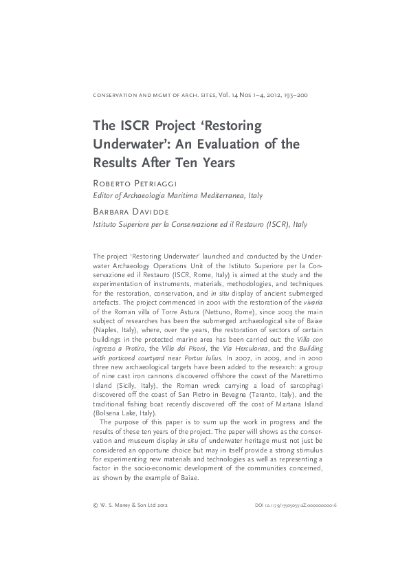 (PDF) The ISCR Project 'Restoring Underwater': An Evaluation of the ...