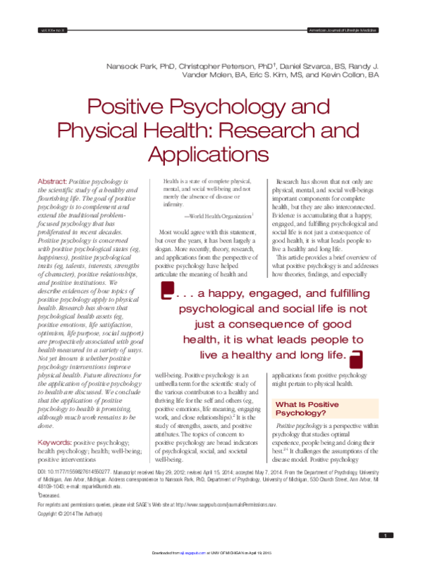 (PDF) Positive psychology and physical health: Research and applications