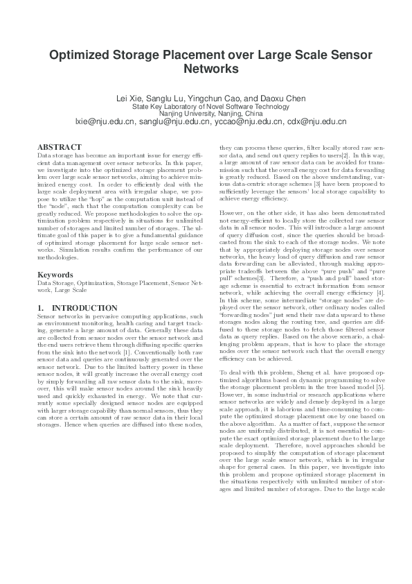 (PDF) Optimized Storage Placement over Large Scale Sensor Networks
