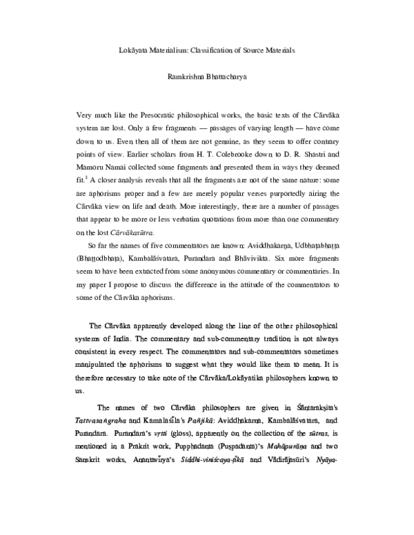 (PDF) Lokayata Materialism: Classification of Source Materials