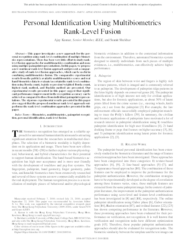 (PDF) Personal identification using multibiometrics rank-level fusion