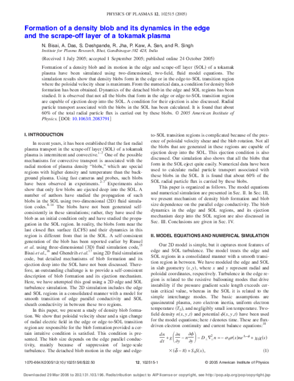 (PDF) Formation of a density blob and its dynamics in the edge and the scrape-off layer of a ...