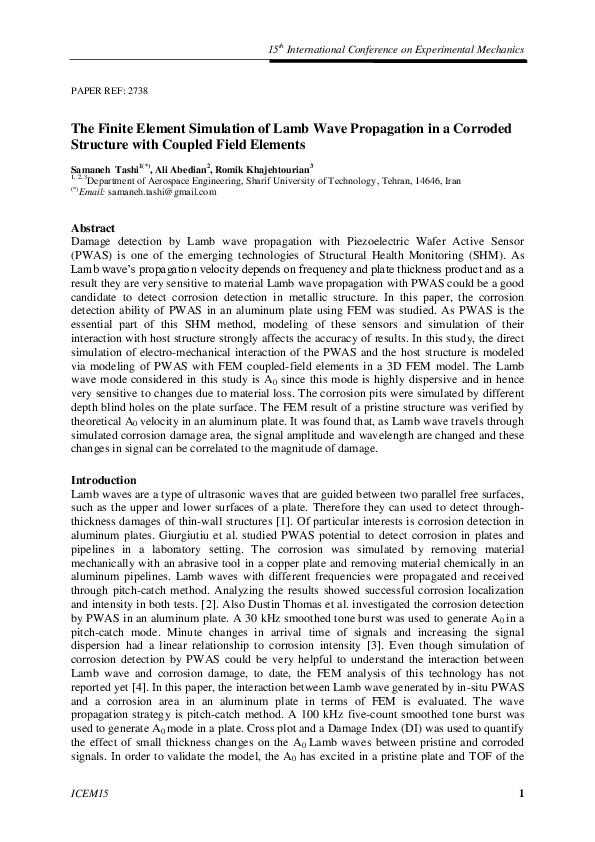 Pdf The Finite Element Simulation Of Lamb Wave Propagation In A Corroded Structure With