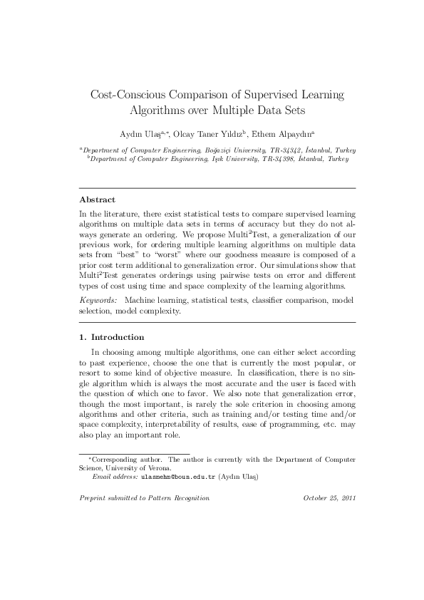(PDF) Cost-Conscious Comparison of Supervised Learning Algorithms over Multiple Data Sets