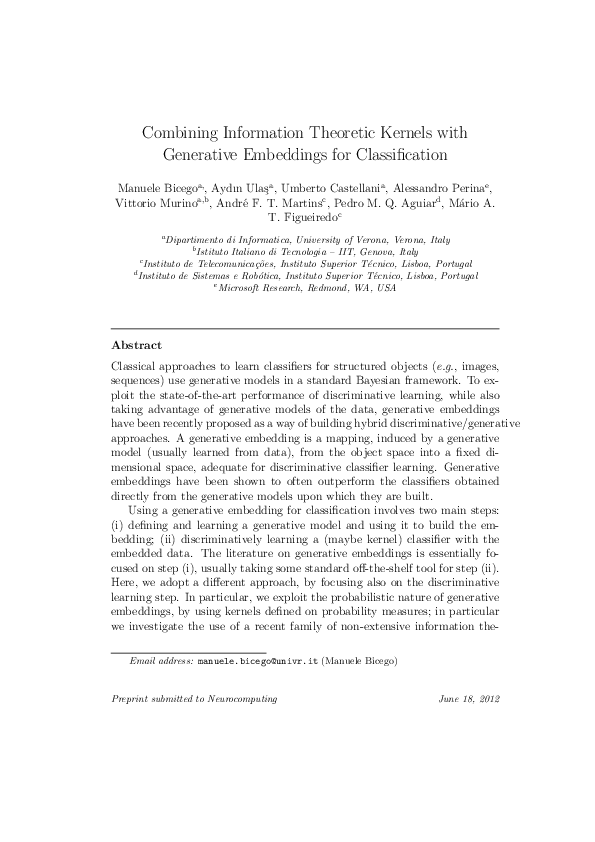 Pdf Combining Information Theoretic Kernels With Generative Embeddings For Classification