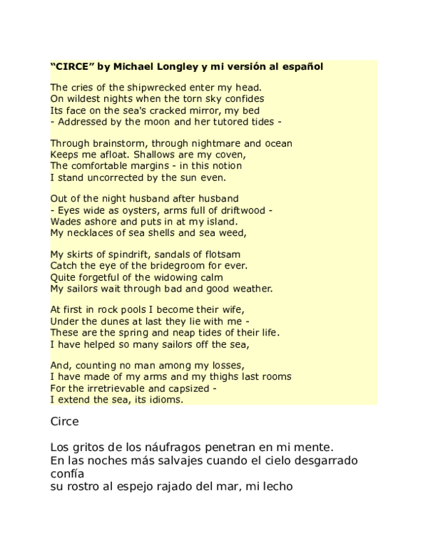 (DOC) Circe by Michael Longley y mi versión al español | Adam Gai ...