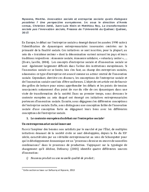 Innovation sociale et entreprise sociale: quels dialogues possibles ? Une perspective européenne
