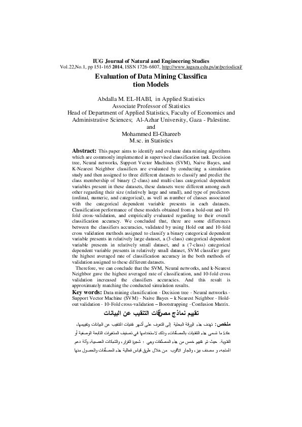 Pdf Evaluation Of Data Mining Classification Models