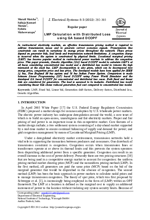 (PDF) LMP Calculation with Distributed Loss using GA based DCOPF