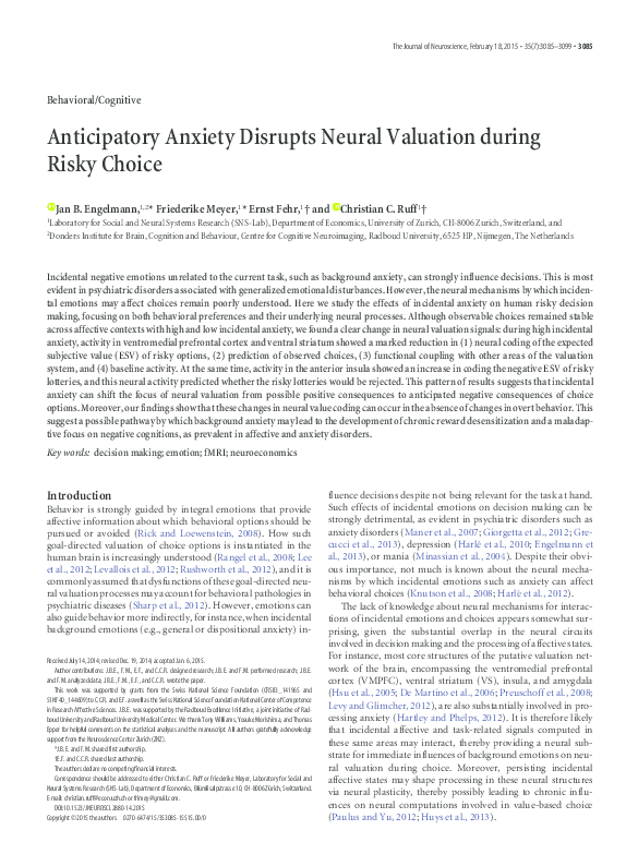 (PDF) Anticipatory Anxiety Disrupts Neural Valuation during Risky ...