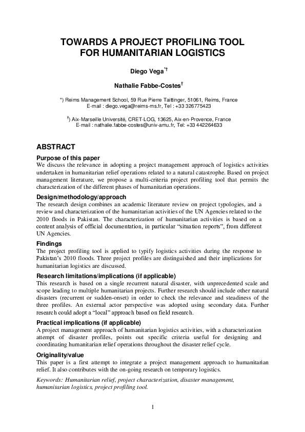 (PDF) Towards a Project Profiling Tool for Humanitarian Logistics