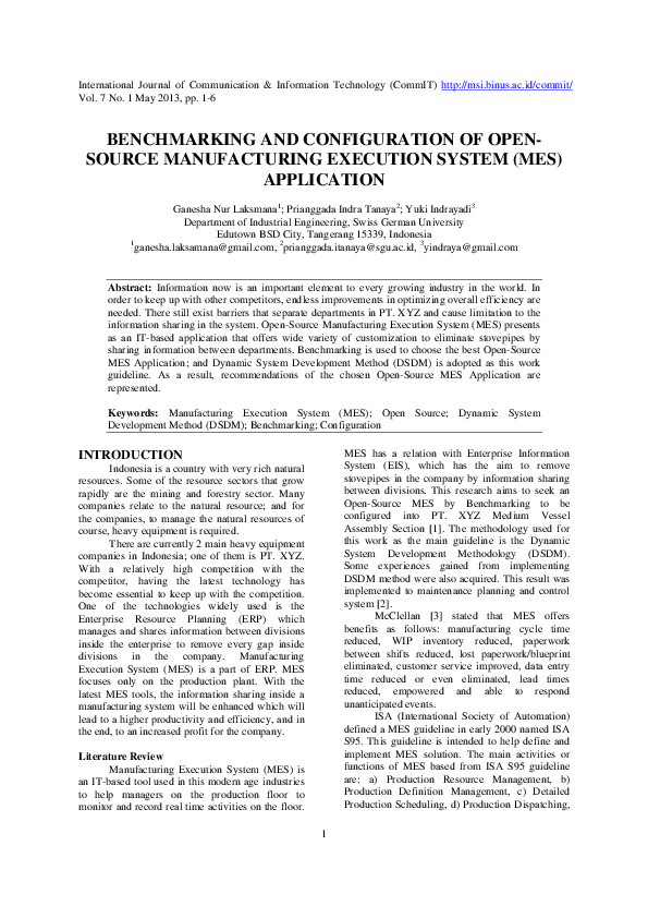 Pdf Benchmarking And Configuration Of Open Source Manufacturing Execution System Mes