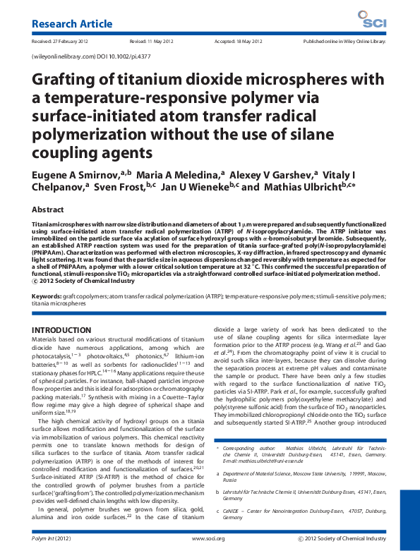 Pdf Grafting Of Titanium Dioxide Microspheres With A Temperature‐responsive Polymer Via