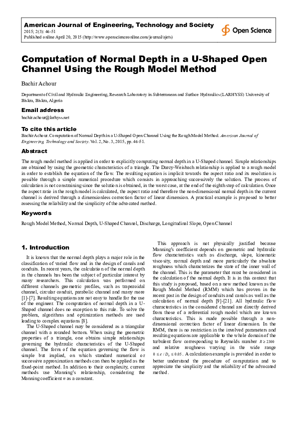 (PDF) Computation of Normal Depth in a U-Shaped Open Channel Using the Rough Model Method