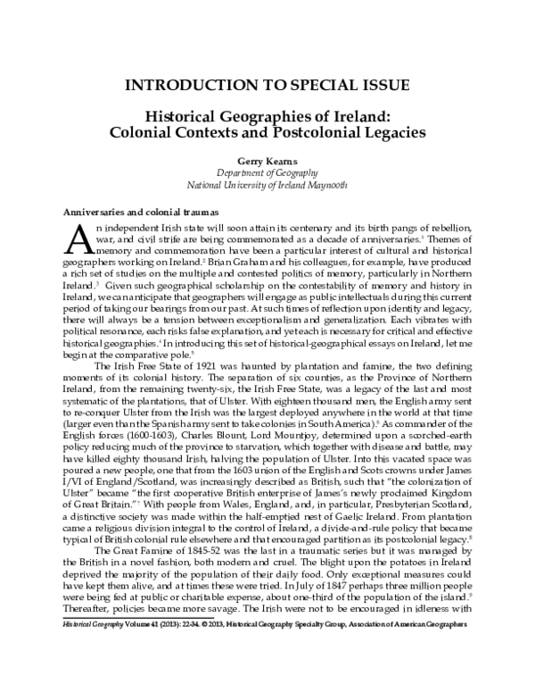 (PDF) ‘Irish historical geographies: Colonial contexts and postcolonial legacies,’ Historical ...