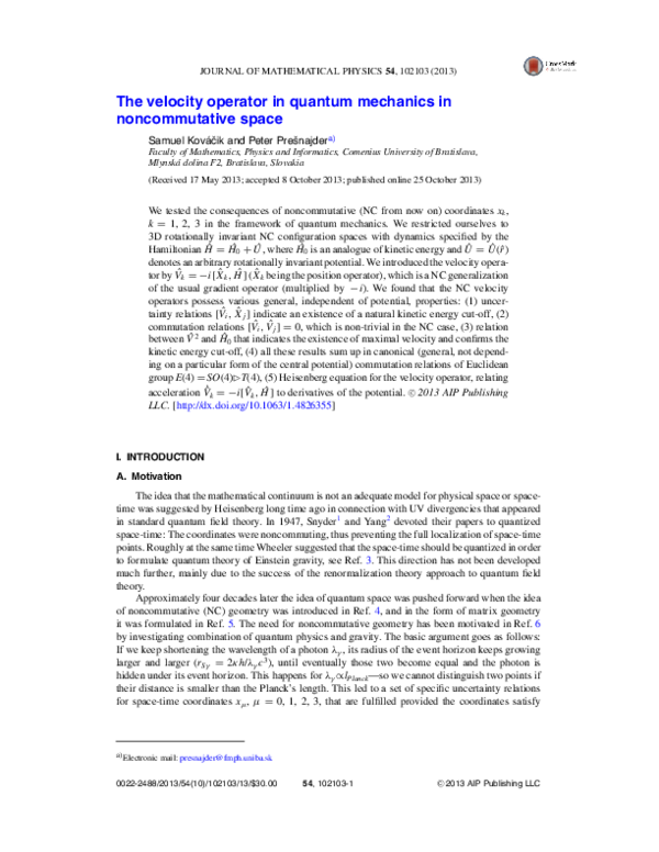 (PDF) The velocity operator in quantum mechanics in noncommutative space