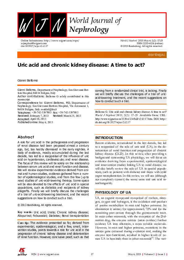 (PDF) World Journal of Nephrology Uric acid and chronic kidney disease ...