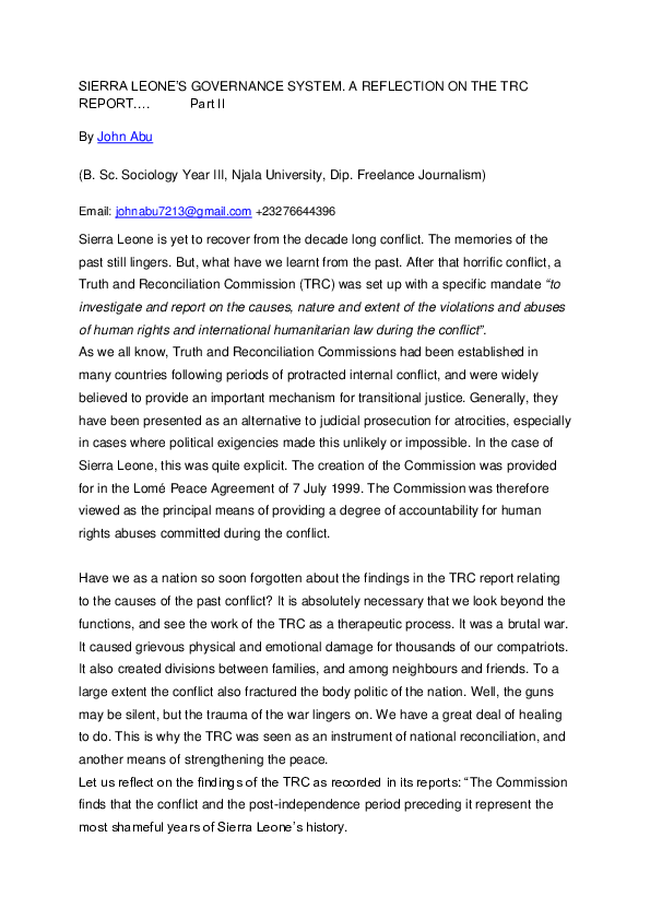 (PDF) SIERRA LEONE’S GOVERNANCE SYSTEM. A REFLECTION ON THE TRC REPORT ...