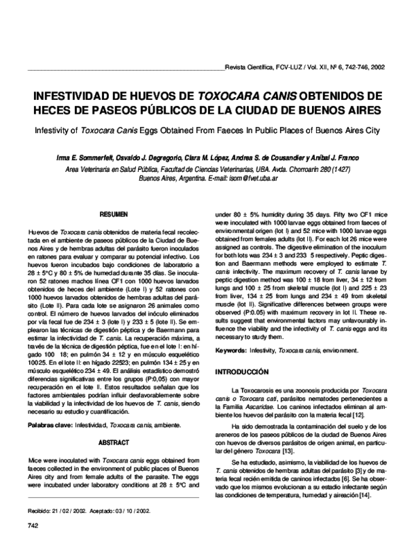 (PDF) INFESTIVIDAD DE HUEVOS DE TOXOCARA CANIS OBTENIDOS DE HECES DE ...