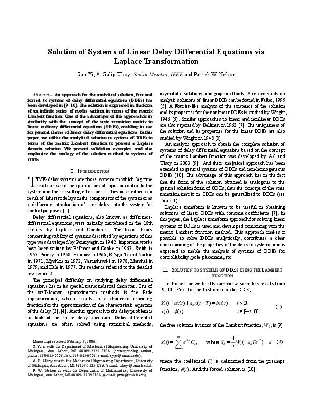 Pdf Solution Of Systems Of Linear Delay Differential Equations Via Laplace Transformation