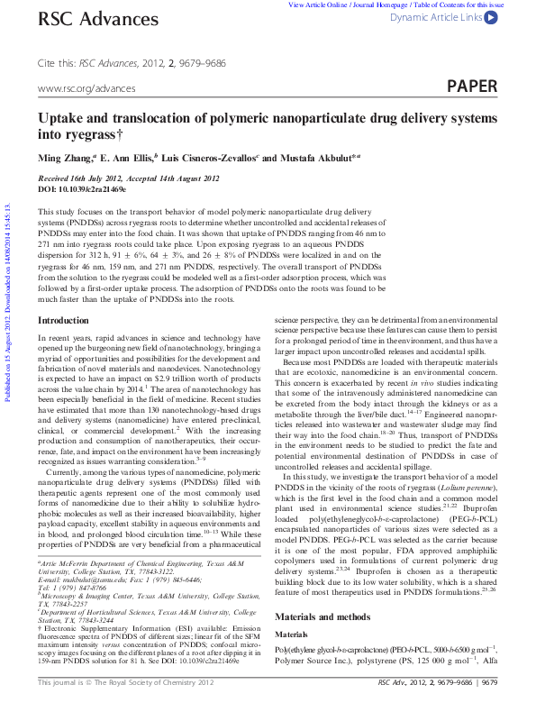 (PDF) Uptake and translocation of polymeric nanoparticulate drug delivery systems into ryegrass