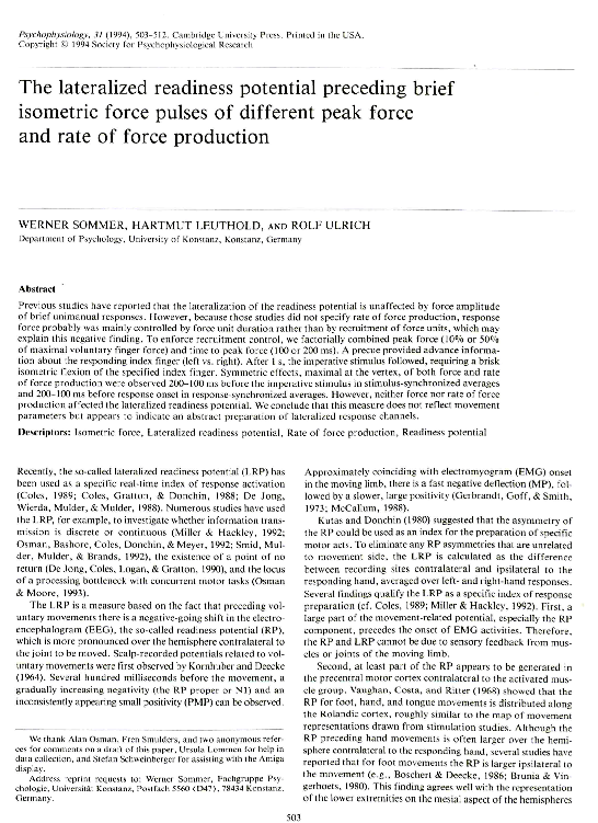 (PDF) The lateralized readiness potential preceding brief isometric ...