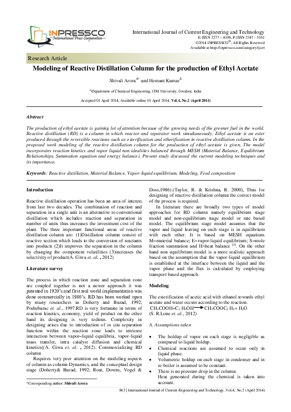 Pdf Modeling Of Reactive Distillation Column For The Production Of Ethyl Acetate