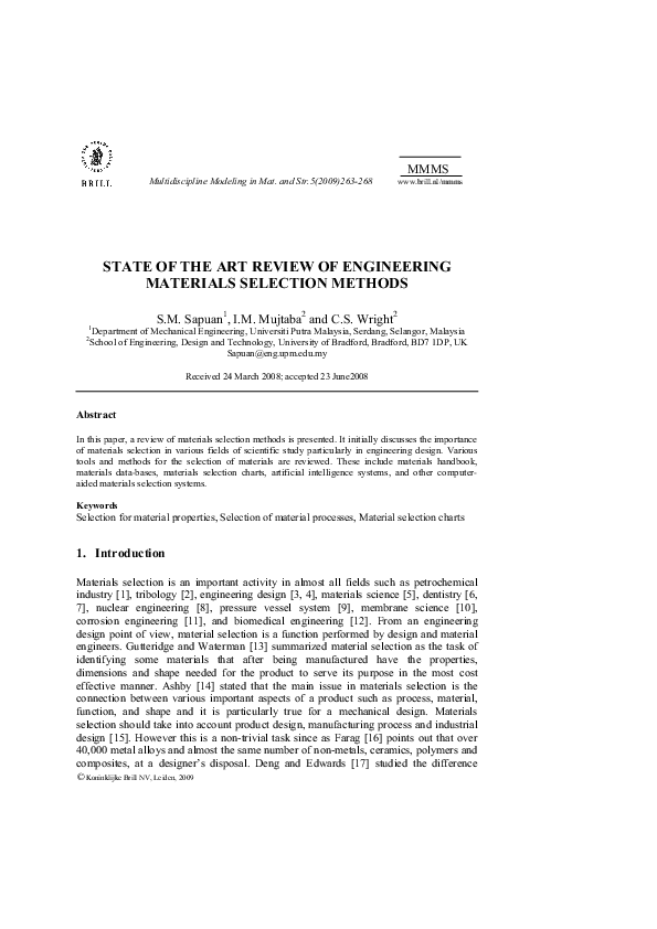 (PDF) STATE OF THE ART REVIEW OF ENGINEERING MATERIALS SELECTION METHODS