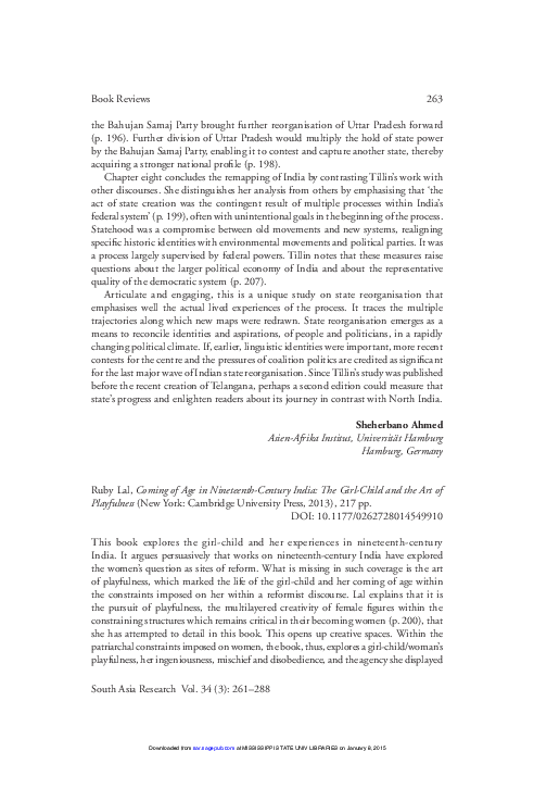 (PDF) Book review- Dr. Ruby Lal’s book ‘ Coming of Age in Nineteenth Century India: The Girl ...