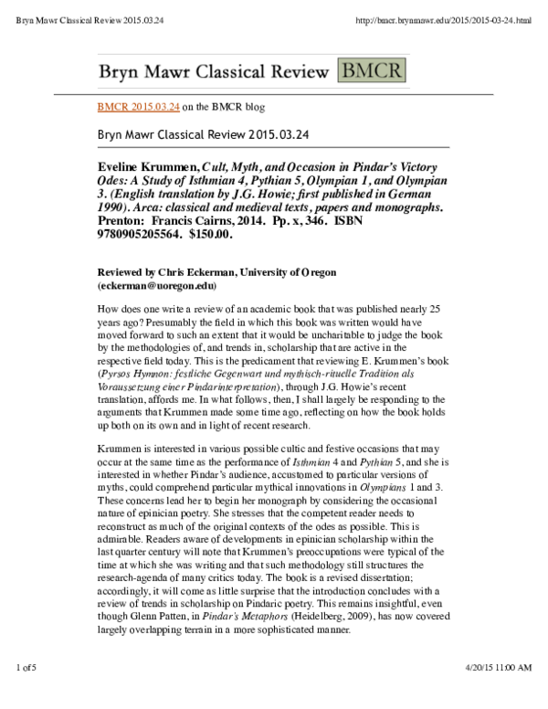 (PDF) Review with addendum: Krummen, E. (trans. J.G. Howie) Cult, Myth ...