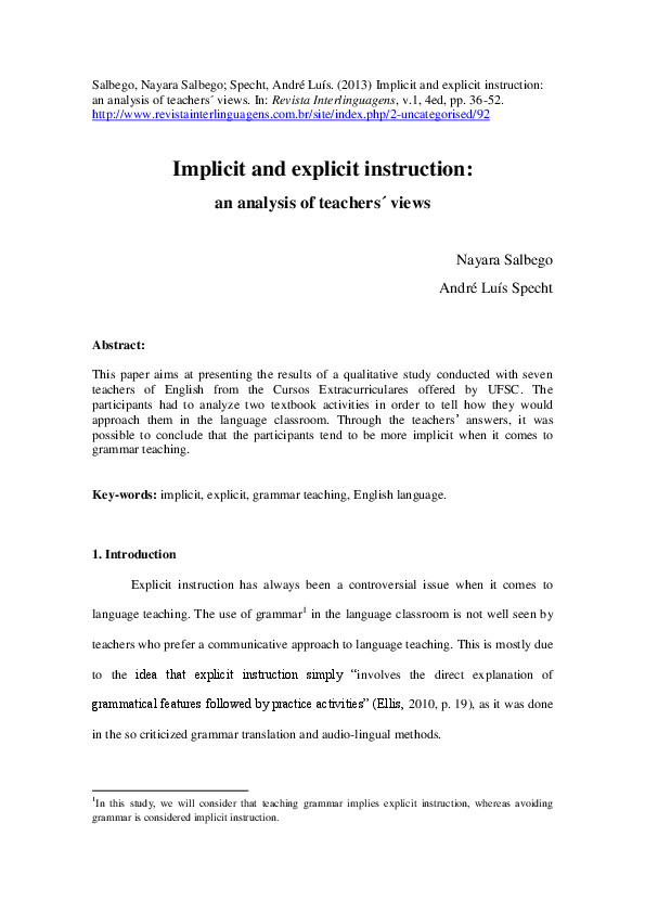 (PDF) Implicit and explicit instruction: an analysis of teachers´ views