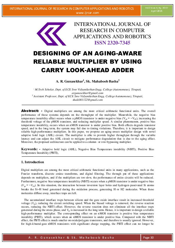 Designing Of An Aging Aware Reliable Multiplier By Using Carry Look